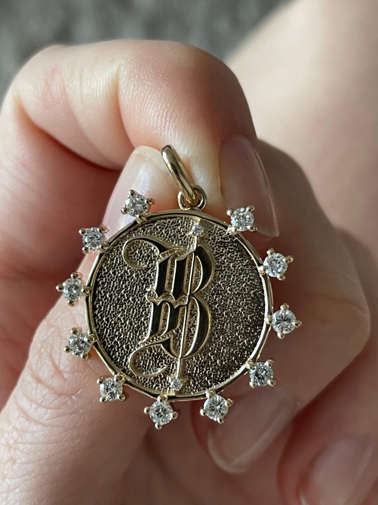 Contemporary Art Deco Gothic Diamond 14k Gold Initial Pendant Medallion For Sale at 1stDibs