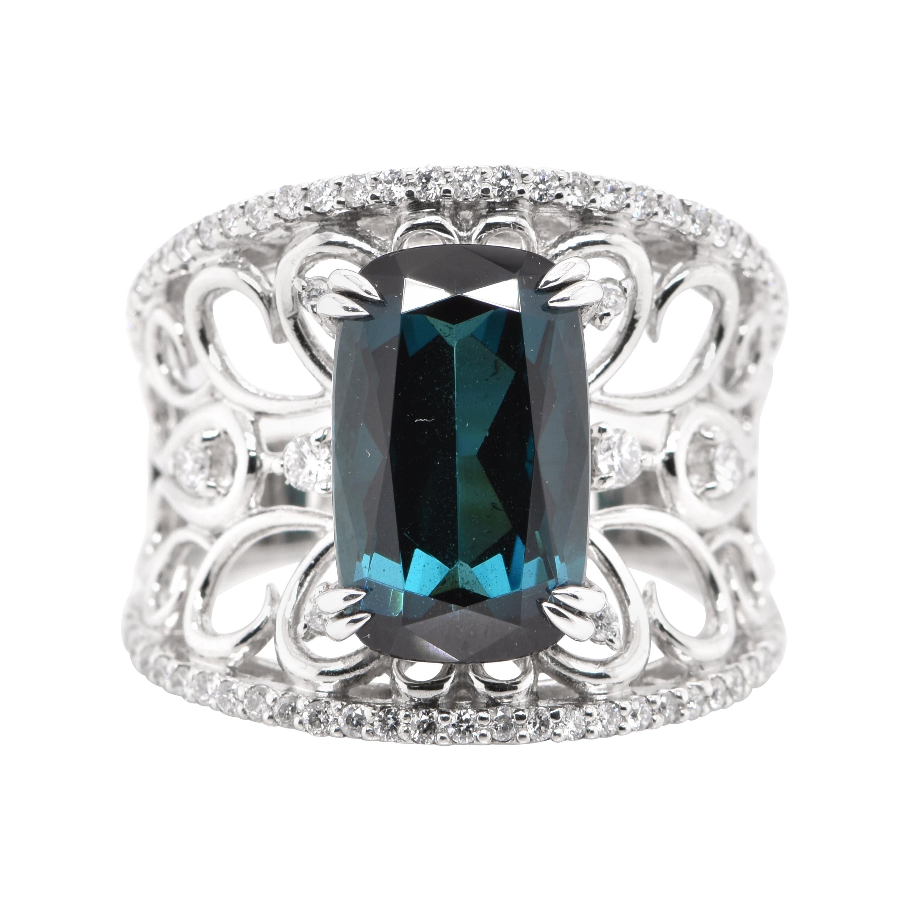 Indicolite Tourmaline Diamond Platinum Ring For Sale at 1stDibs
