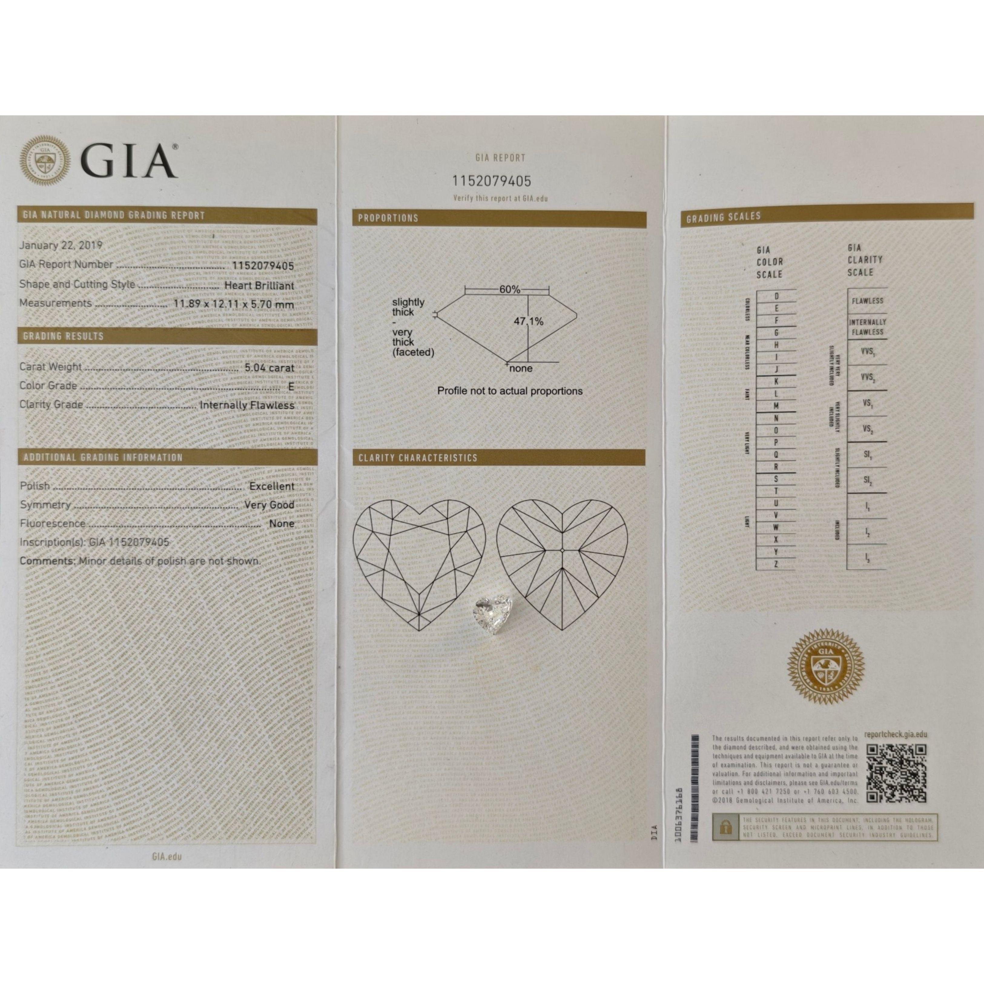 5.04 ct. Heart Shape Natural E Internally Flawless Diamond — GIA ...