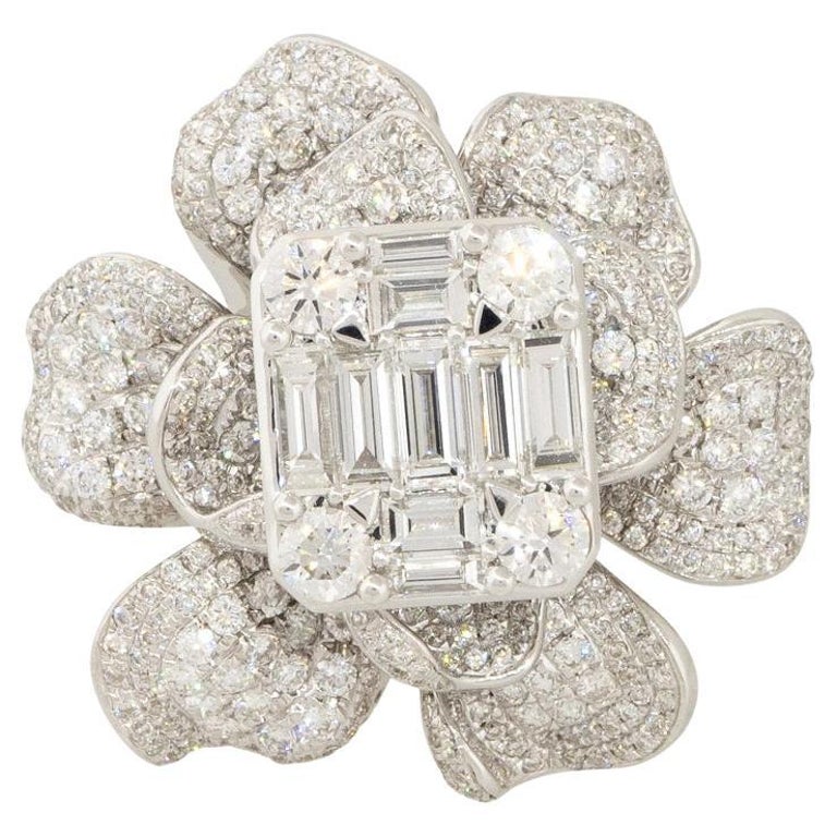 5.06 Carat Round and Baguette Diamond Pave Flower Ring 18 Karat in ...