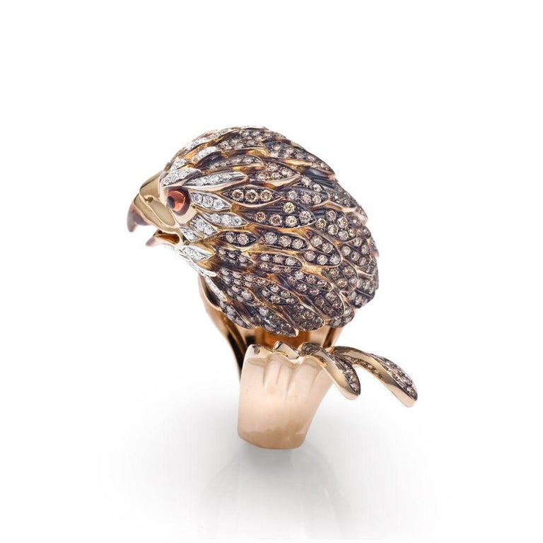 50.75gr White and Brown Diamonds Pavè Hawk Peregrin Falcon Head Ring ...