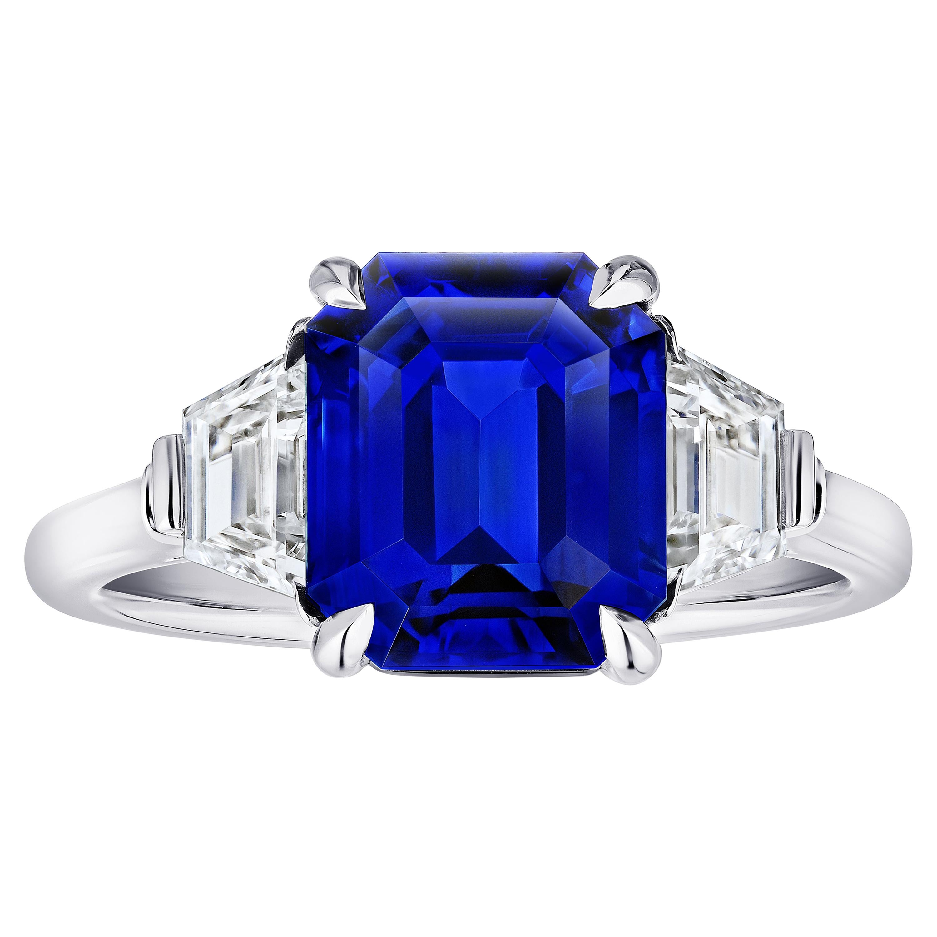 5.08 Carat Emerald Cut Blue Sapphire and Diamond Ring For Sale at ...