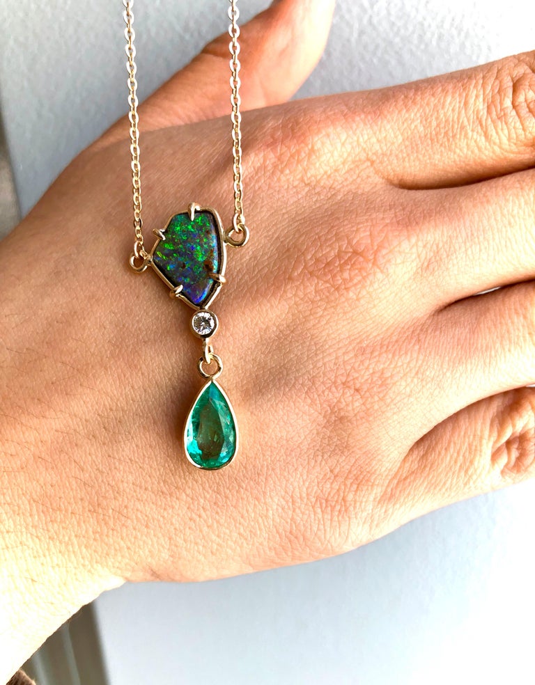 5.10 Carat Emerald Boulder Opal Diamond Pendant Necklace 18 Karat at ...