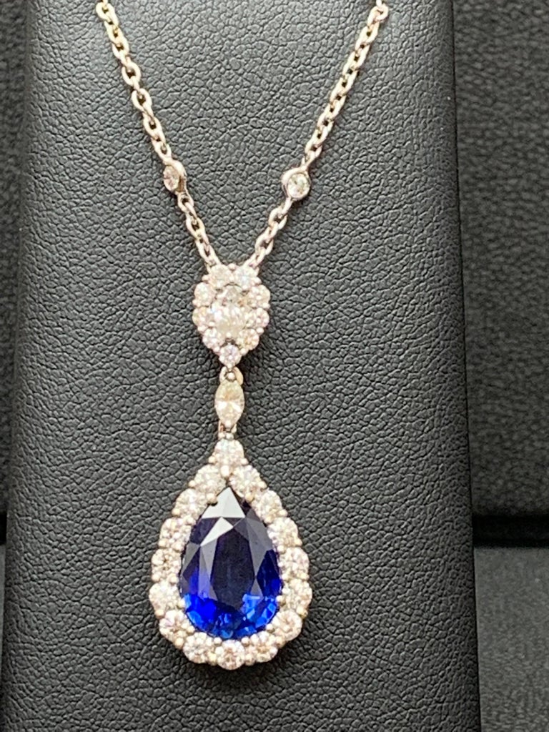 5.10 Carat Pear Shape Blue Saphire and Diamond Halo Drop Pendant ...