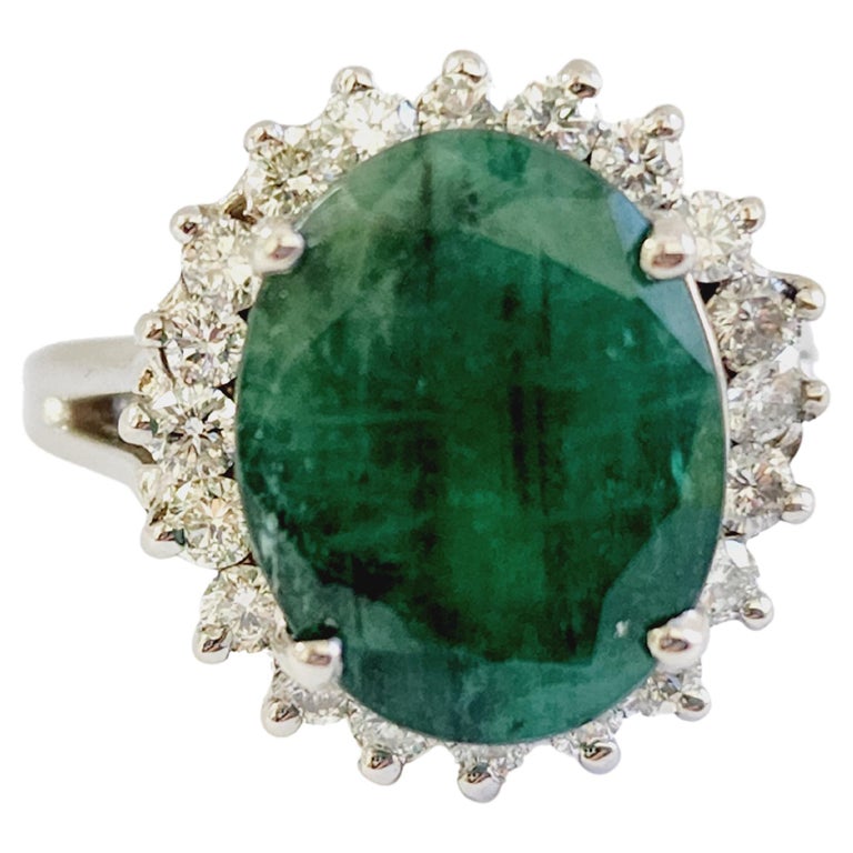 Bague en or blanc 14 carats avec émeraude naturelle de forme ovale de 5 ...