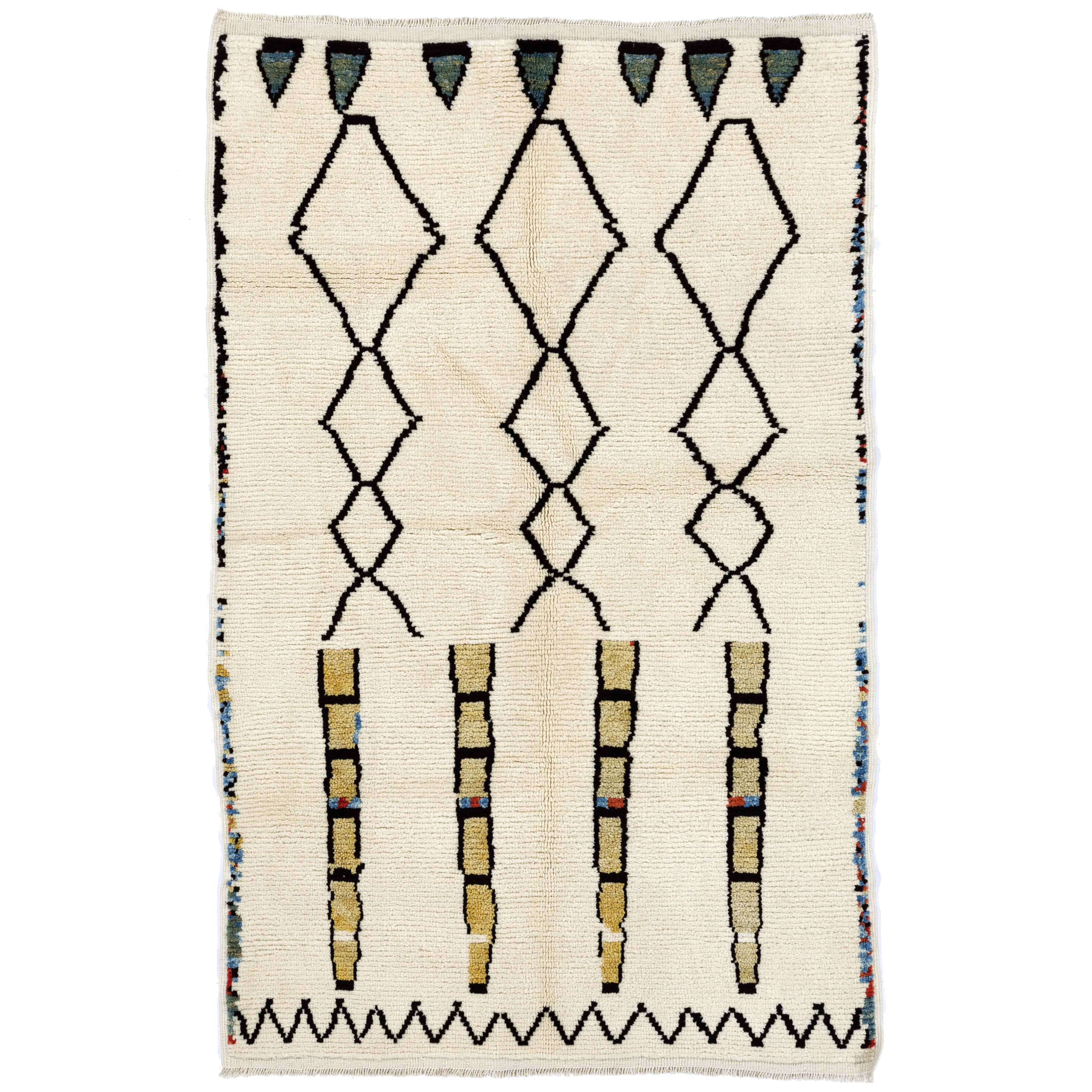 New Moroccan White and Black Wool Rug with Pile at 1stDibs