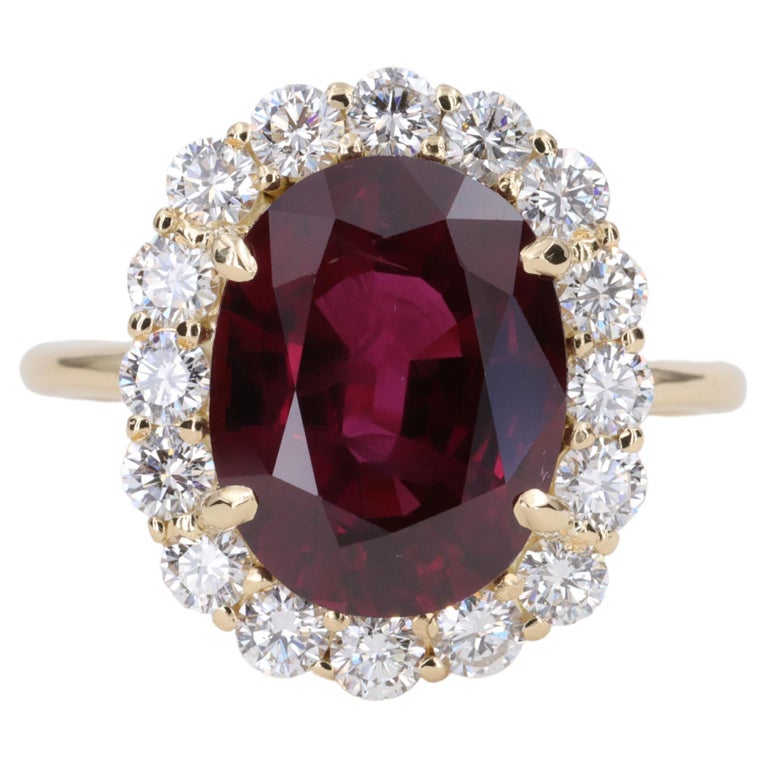 5.26ct Oval Ruby GIA and Round Diamond Halo Ring in 18 Karat Yellow Gold For Sale at 1stDibs