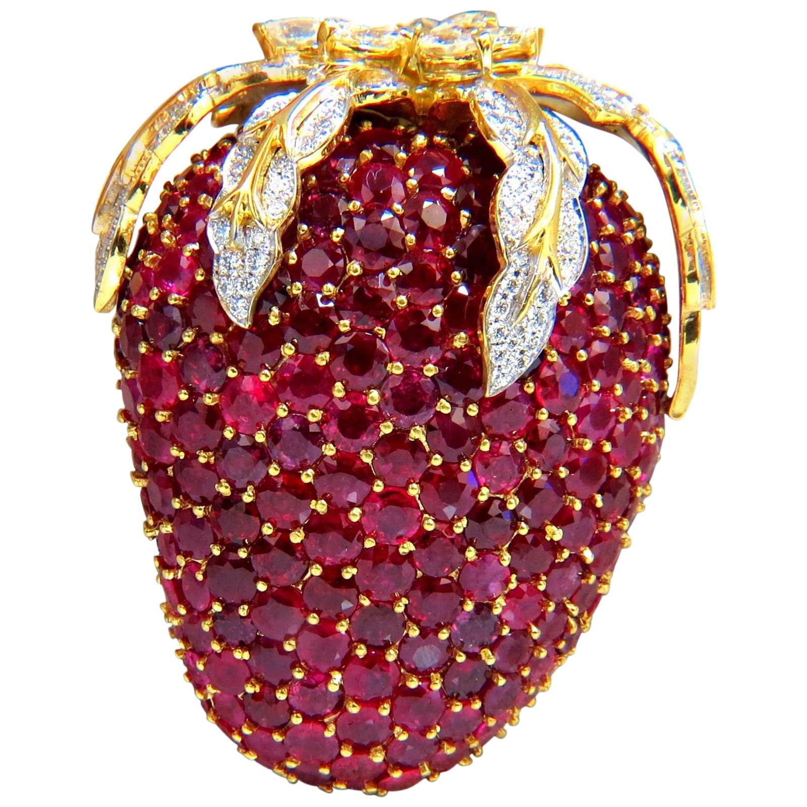 52.90 Carat Natural Ruby Diamond Strawberry Brooch Pin 18 Karat For ...
