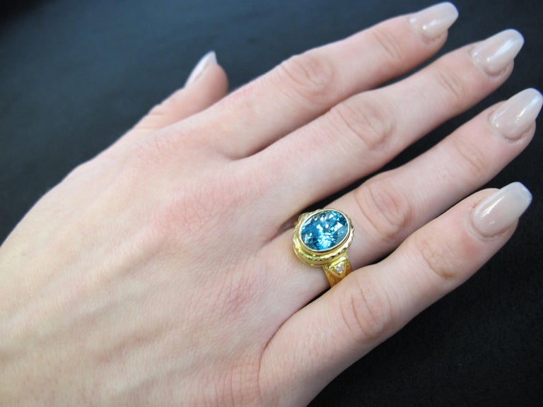 5.34 ct. Blue Zircon, Diamond Yellow Gold Bezel Hand Engraved Signet ...