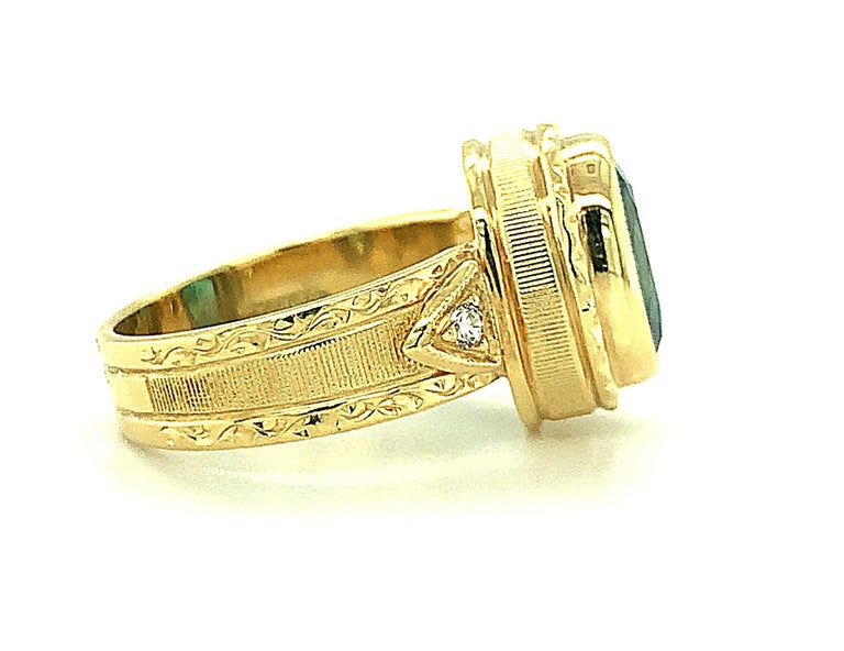 5.34 ct. Blue Zircon, Diamond Yellow Gold Bezel Hand Engraved Signet ...