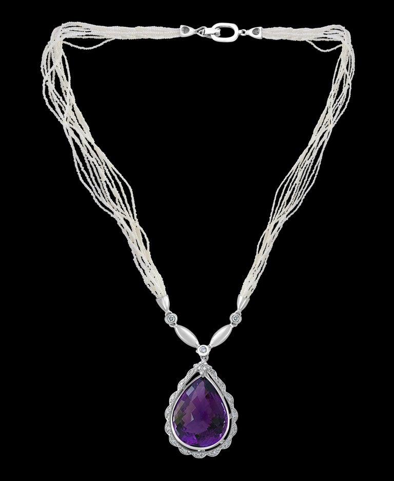 54 Carat Tear Drop Amethyst and Diamonds with Seed Pearl Necklace 18 ...