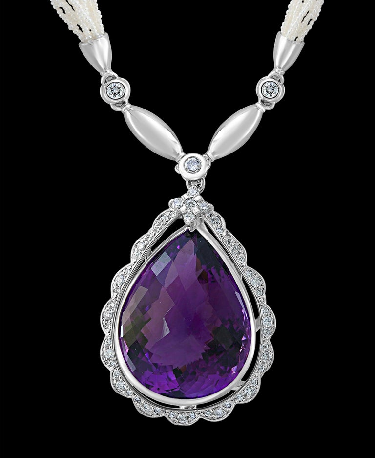 54 Carat Tear Drop Amethyst and Diamonds with Seed Pearl Necklace 18 ...