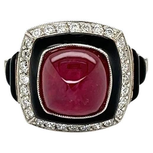 5.43 Carat Sugarloaf Ruby Black Enamel and Diamond Vintage Platinum ...
