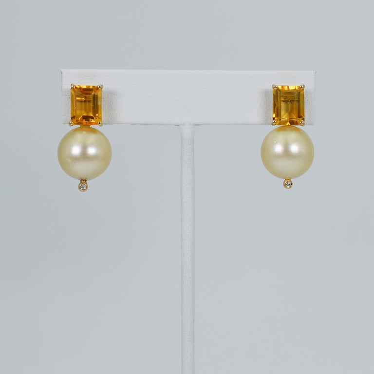 5.44 Carat Citrine, Champagne Pearl and Diamond 14 Karat Gold Drop Stud Earrings For Sale at 1stDibs