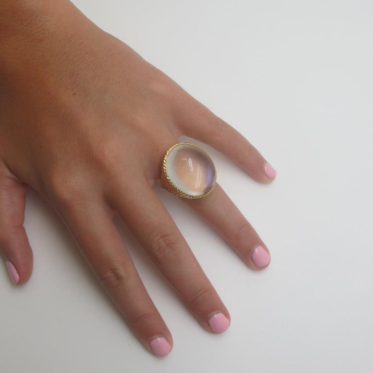 54.86 Carat Oval Moonstone Cabochon 18k Yellow Gold Stippled Band Dome ...