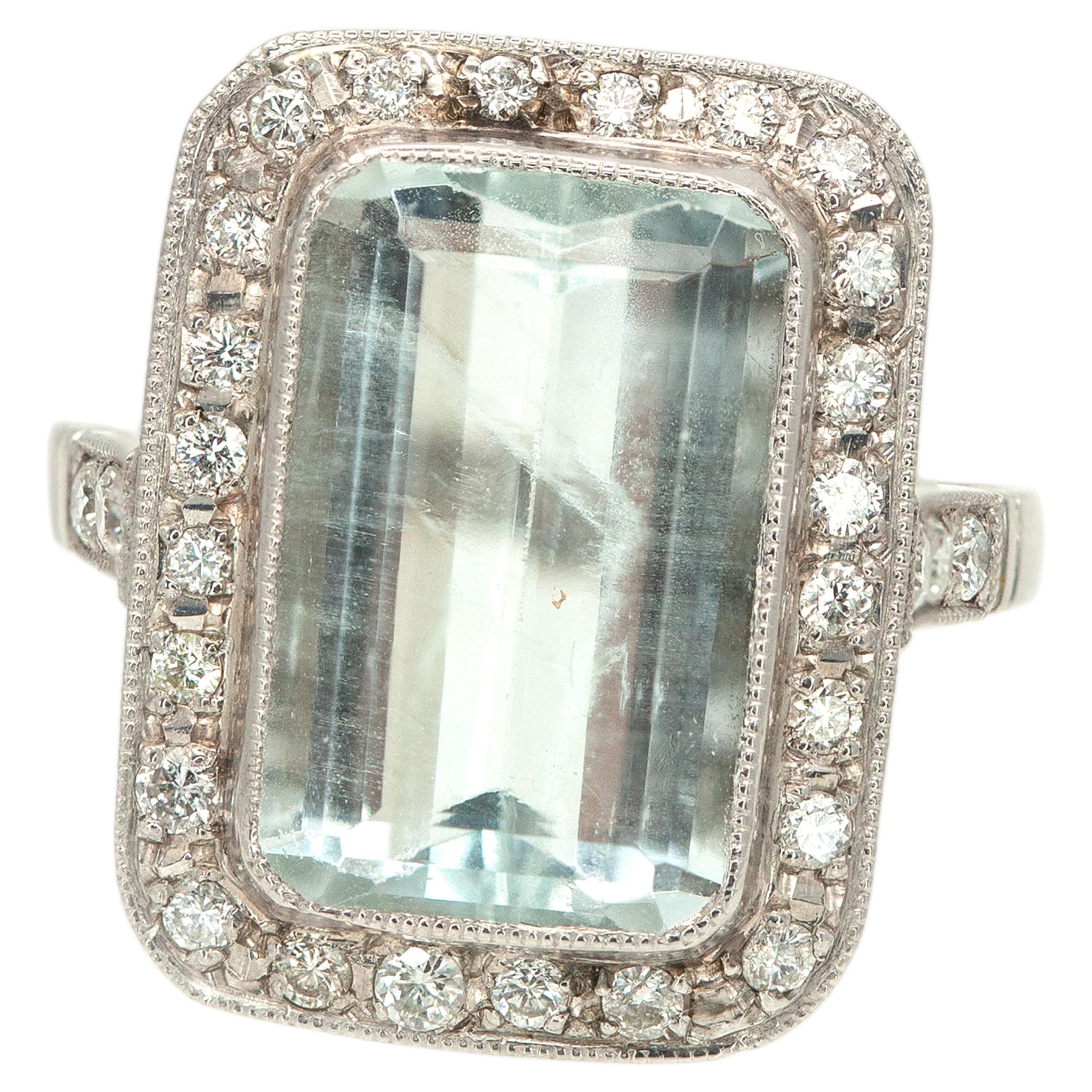 Vintage Platinum Openwork 6.52ct Aquamarine and Diamond Ring For Sale ...