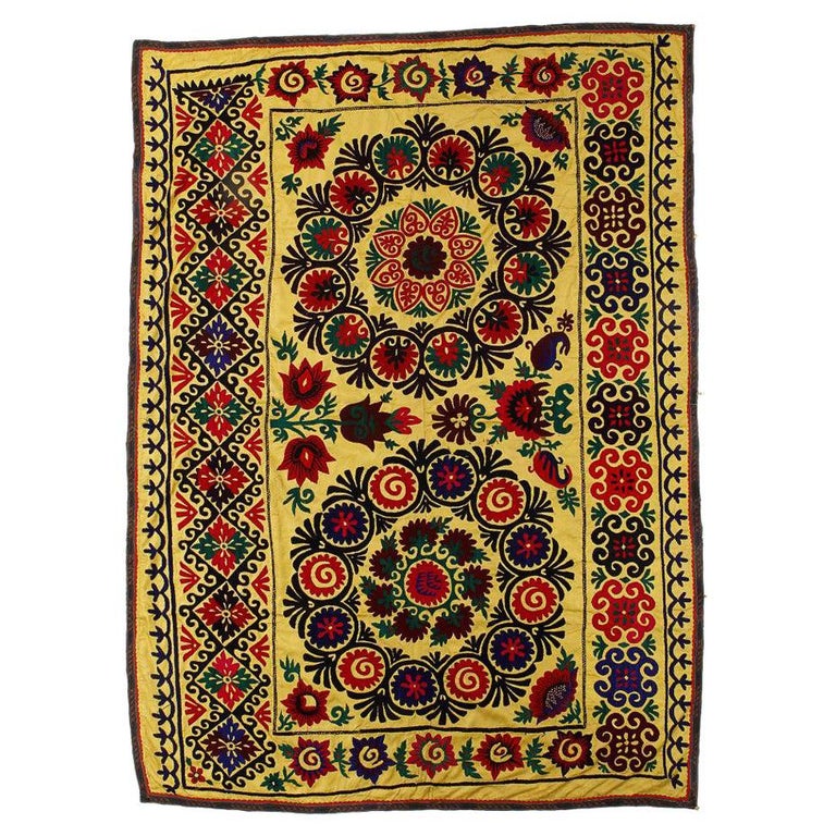 5.5x7.6 Ft Uzbek Suzani Textile Bedspread, Silk Hand Embroidery Wall ...
