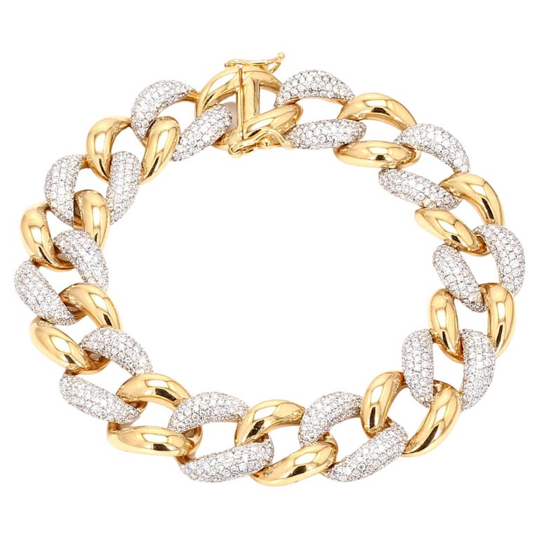 5.60 Carat SI/HI Diamond Pave Set Cuban Link Chain Bracelet 18 Karat Yellow Gold For Sale at 1stDibs