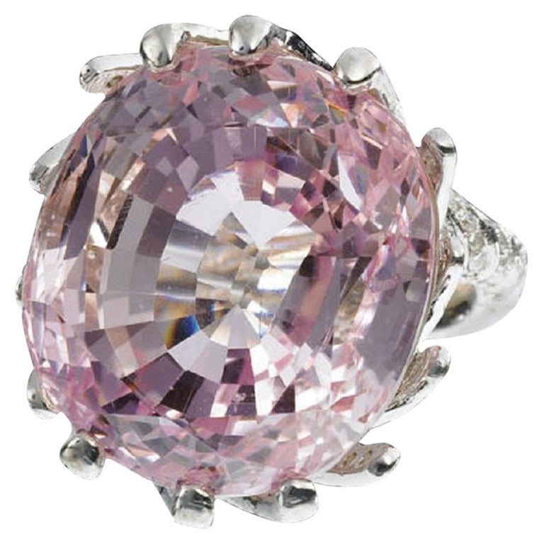56.00 Carat Natural Vivid Pink Kunzite Diamond Ring 14 Karat Raised ...