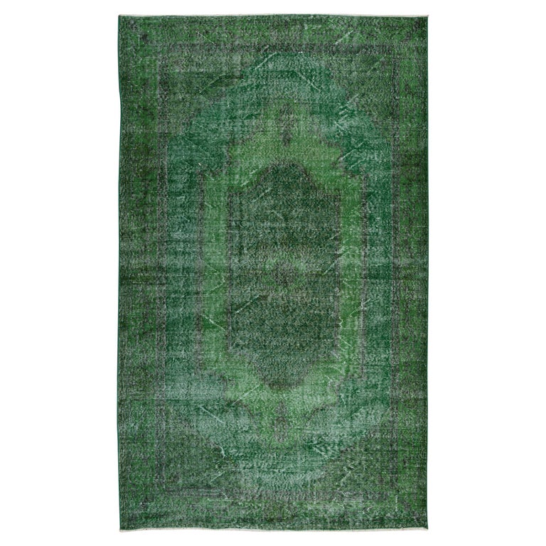 Hand Knotted Vintage Turkish Rug Re-Dyed in Green for Modern Interiors ...