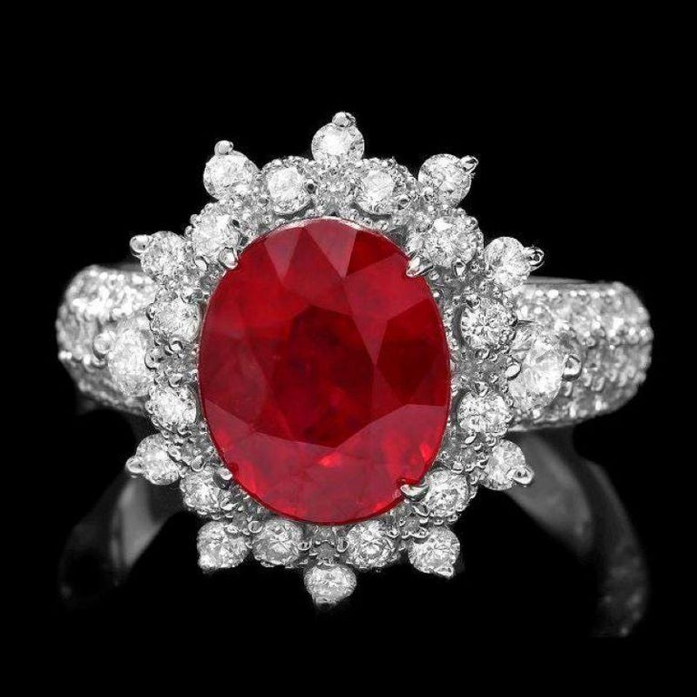 5.70 Carats Natural Red Ruby and Diamond 14k Solid White Gold Ring For ...