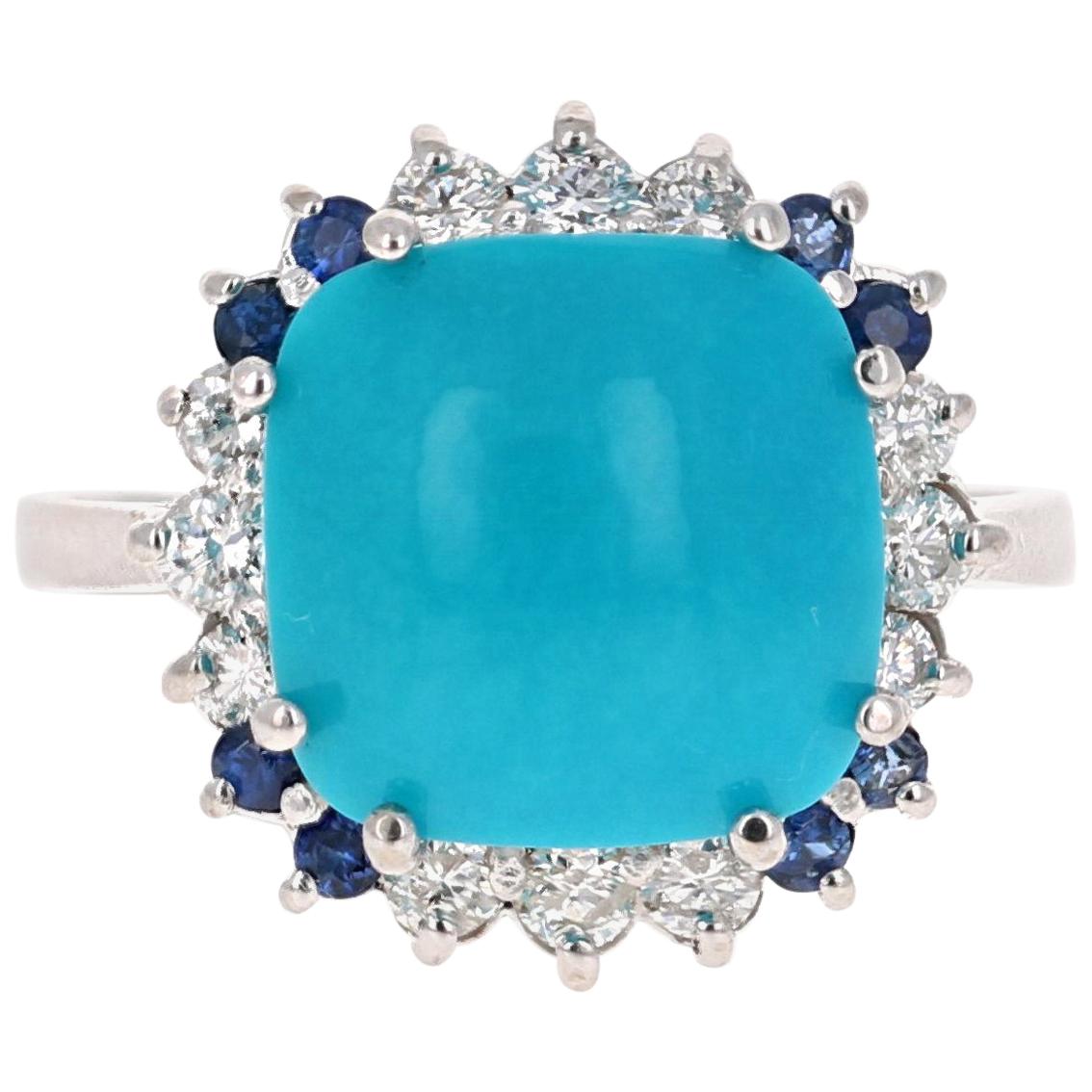 5.73 Carat Turquoise Sapphire Diamond 14 Karat White Gold Cocktail Ring ...