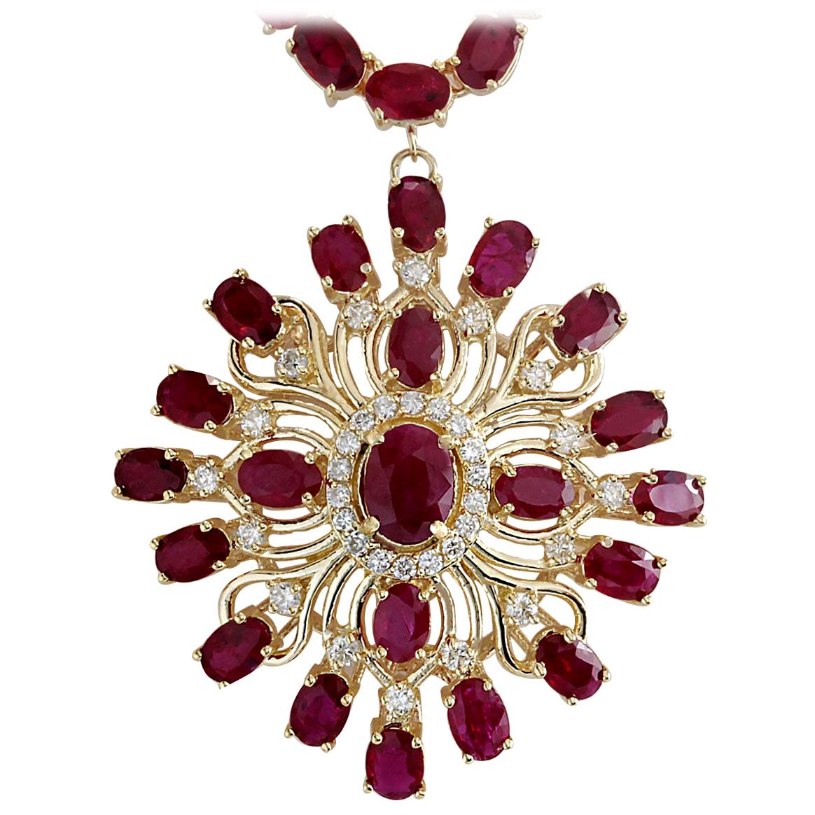 48.75 Carat Ruby 18 Karat Yellow Gold Diamond Necklace For Sale at 1stDibs