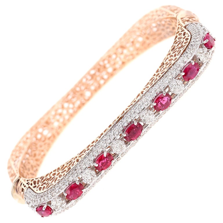 5.79 Carat Natural Ruby Diamond 14 Karat Rose Gold Bangle For Sale at ...