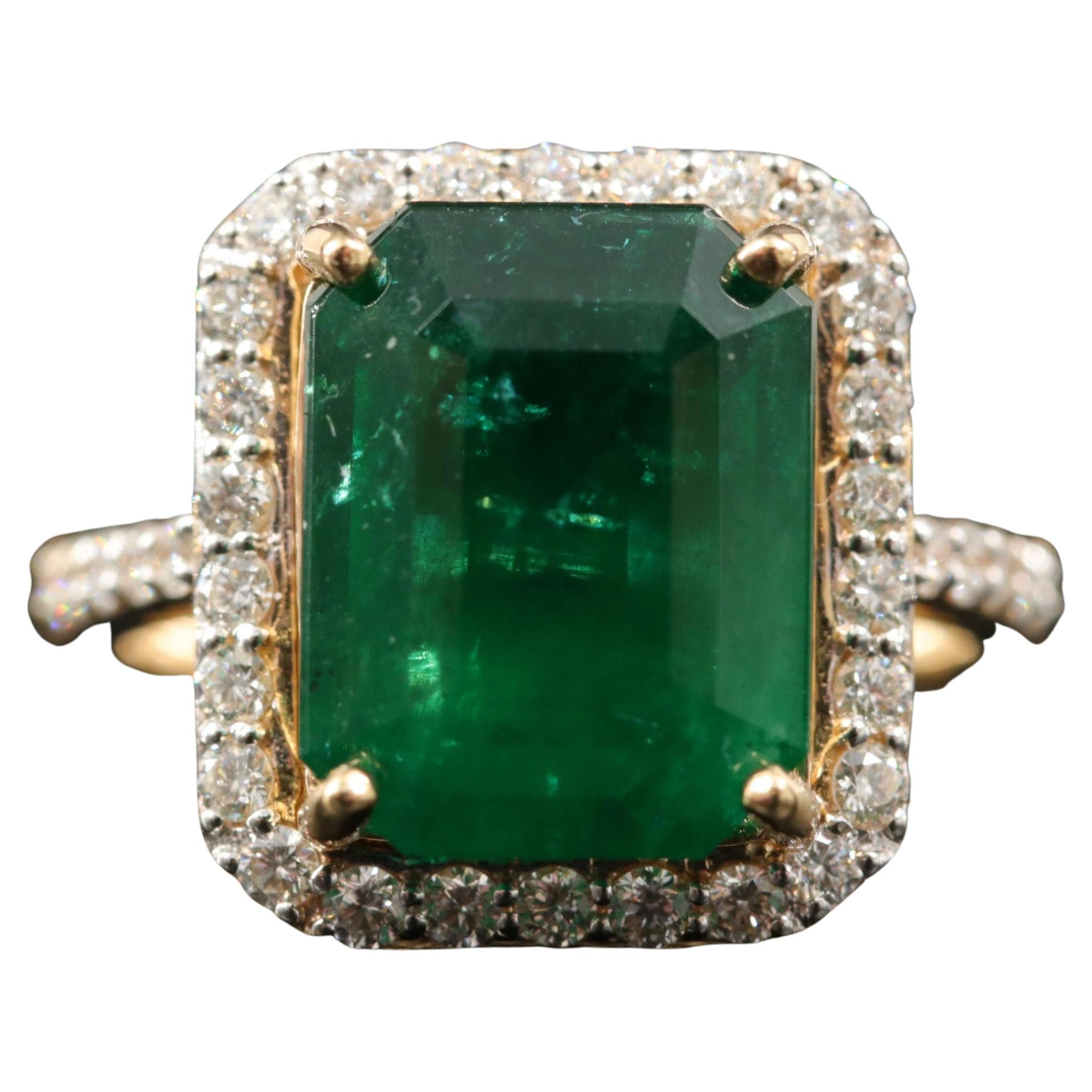 Big Emerald Diamond Halo Cocktail Engagement Ring Platinum 2-Tone Art ...