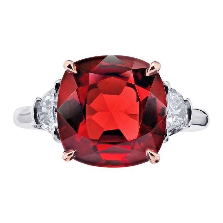 5.86 Carat Cushion Red Spinel with Two Half Moon Diamonds Platinum Ring ...