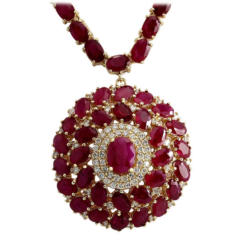 58.96 Carat Ruby 18 Karat Yellow Gold Diamond Necklace at 1stDibs