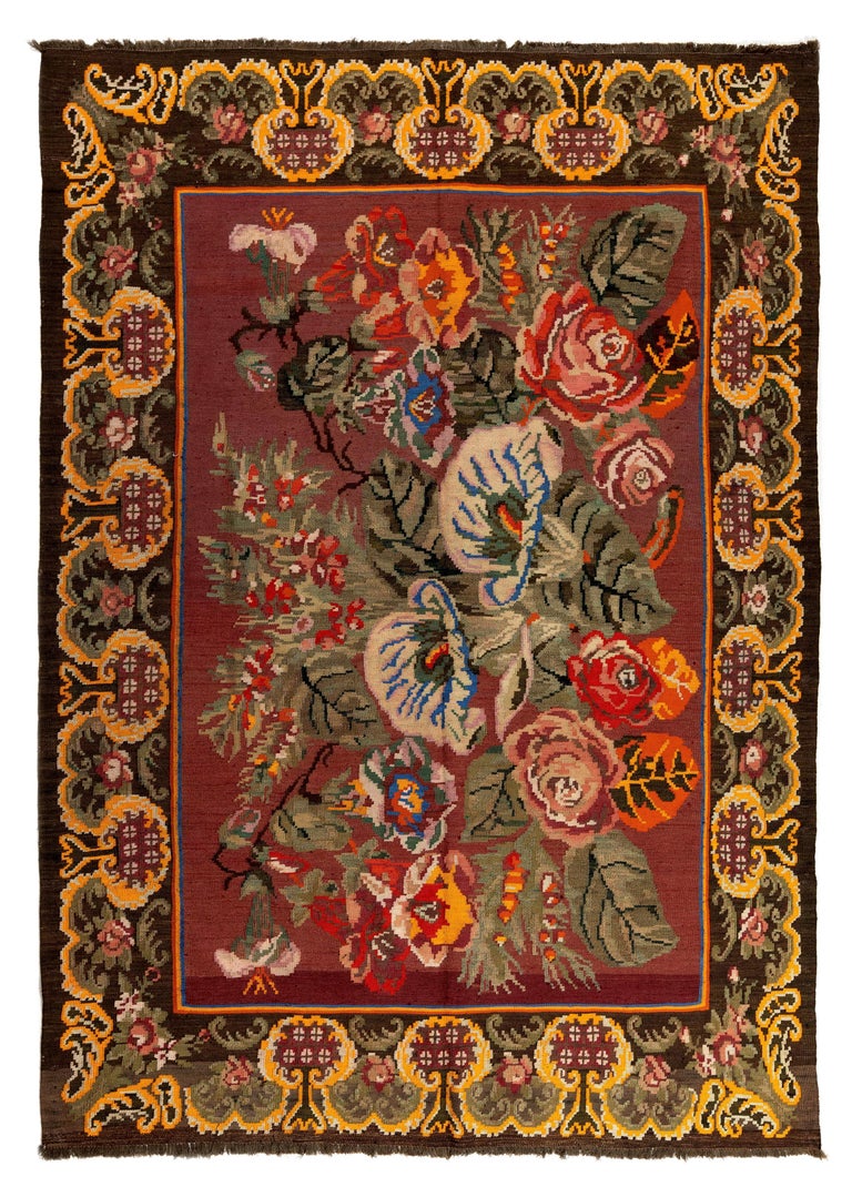 6.9x8 Ft Vintage Bessarabian Kilim, Floral Handwoven Wool Rug from ...