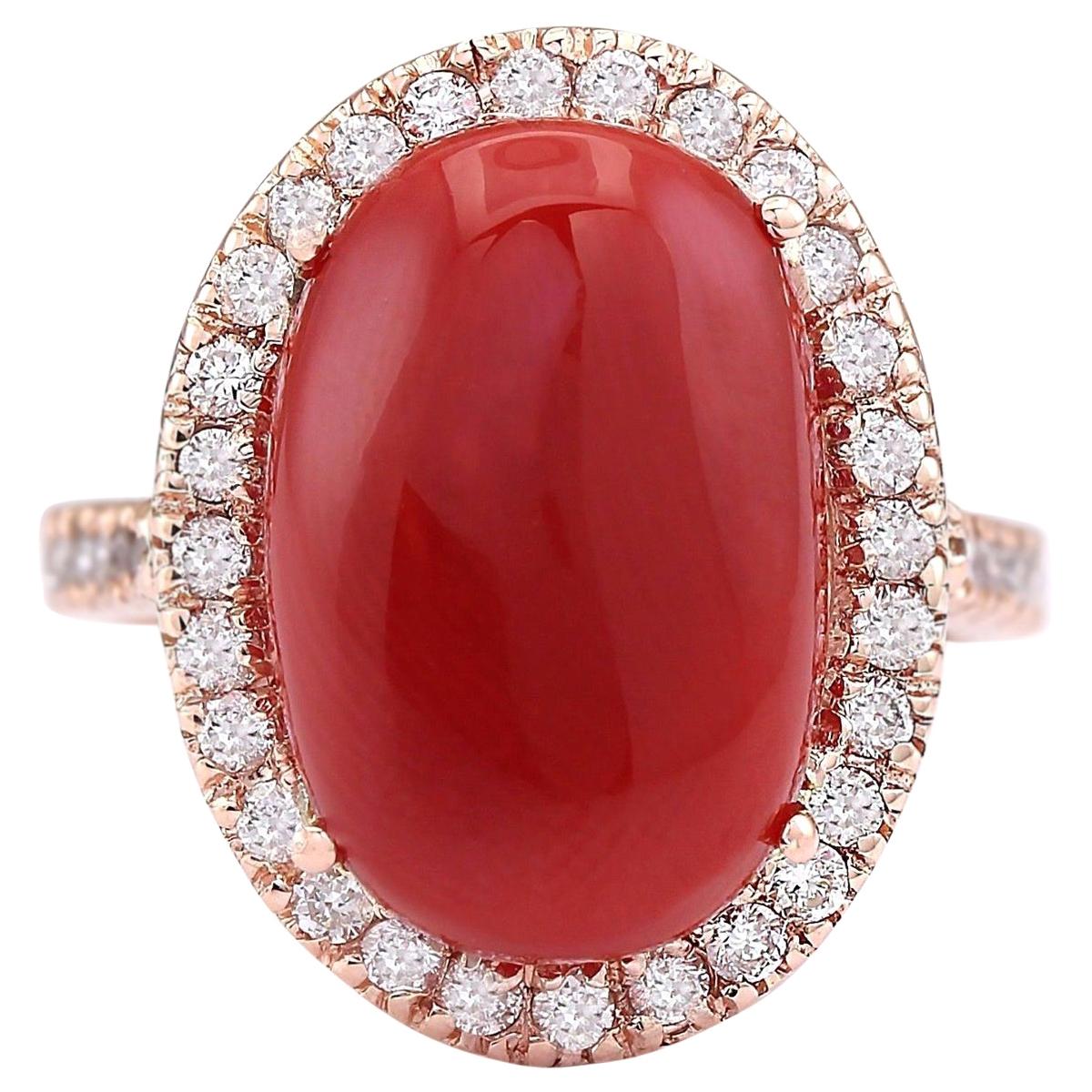 7.18 Carat Natural Coral 18 Karat Rose Gold Diamond Ring For Sale at ...
