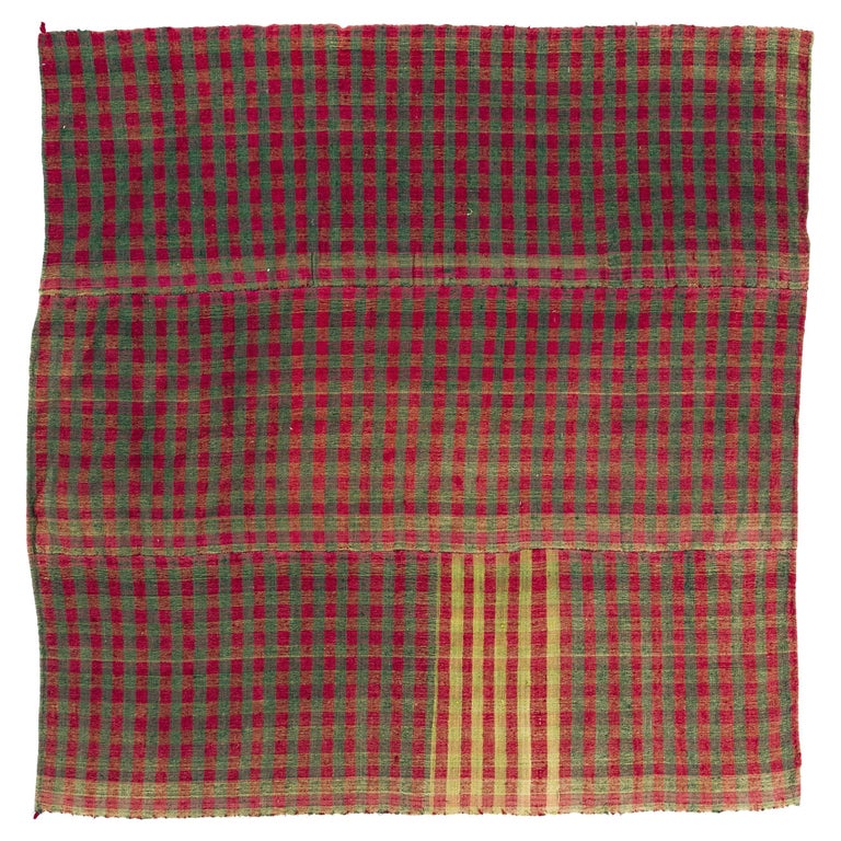 4.4x5 Ft Chequered Wool Kilim Rug in Red and Green Colors. Soft Floppy ...