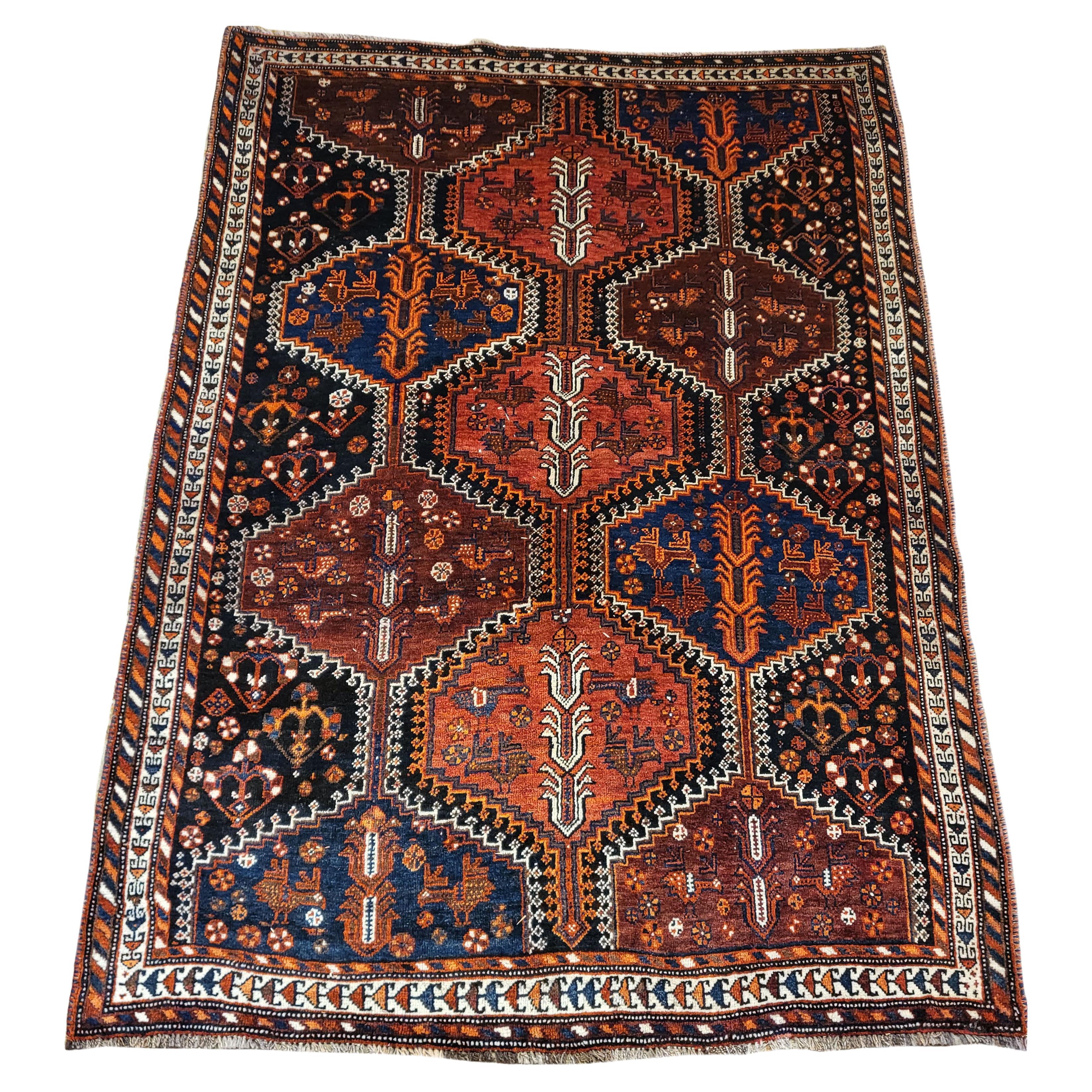 5'x9' Antique Qashqai - Nomadic / Tribal Persian Rug - Rust and Navy ...