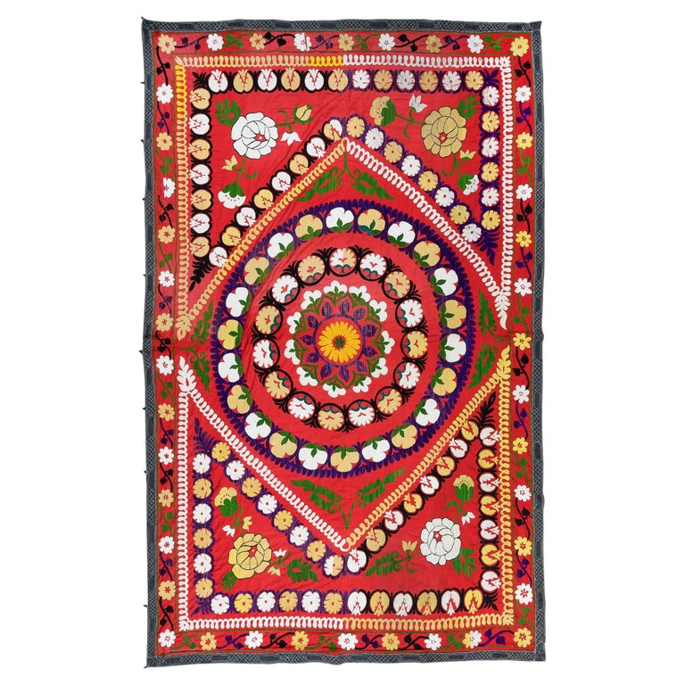 5x7.4 Ft Vintage Silk Embroidery Bedspread, Uzbek Suzani Fabric Wall ...