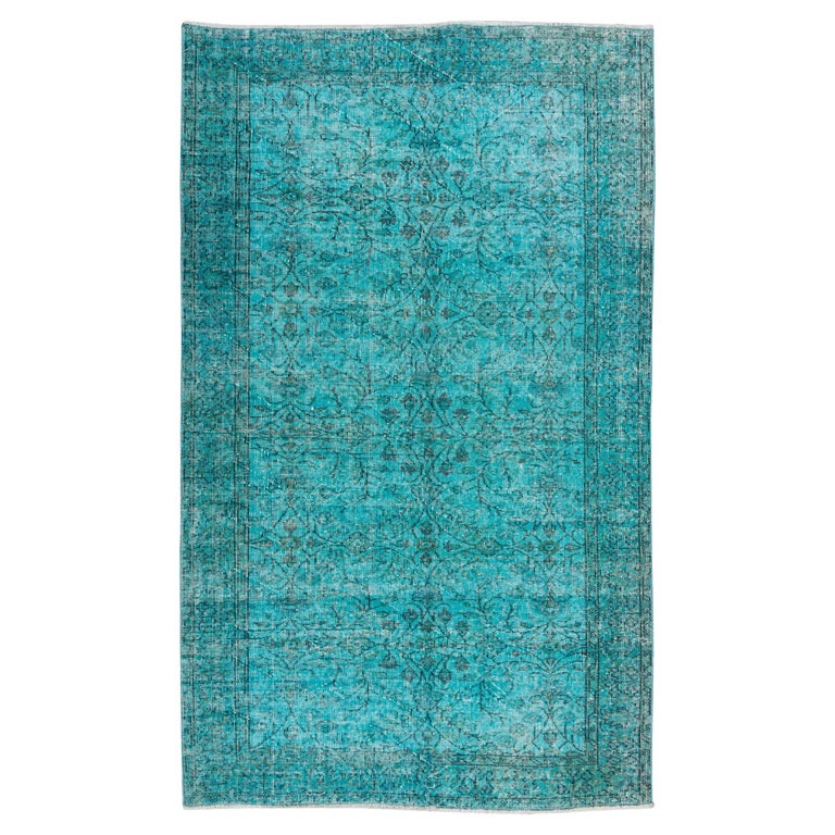 5x8.4 Ft Mid-Century Handmade Turkish Area Rug Over-Dyed in Teal for ...