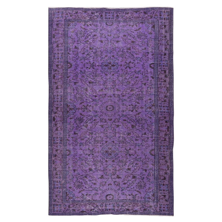 5x8.4 Ft Vintage Handmade Turkish Rug Over-Dyed in Purple with Floral ...