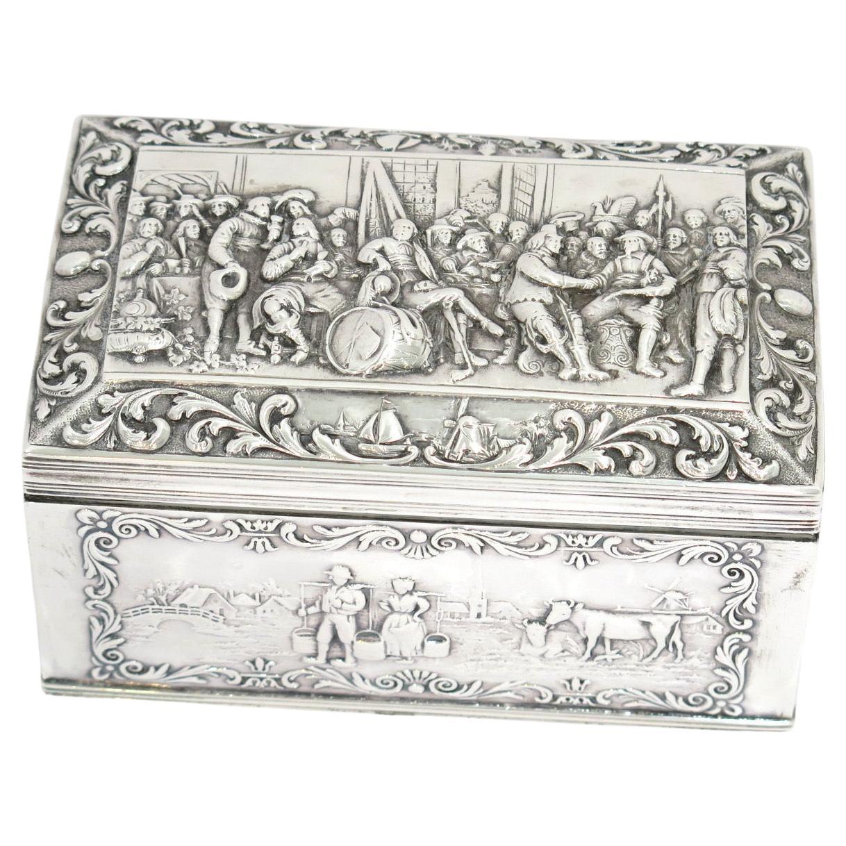 European Silver Gilded Interior Antique Dutch Playing Cards Scene Oval ...
