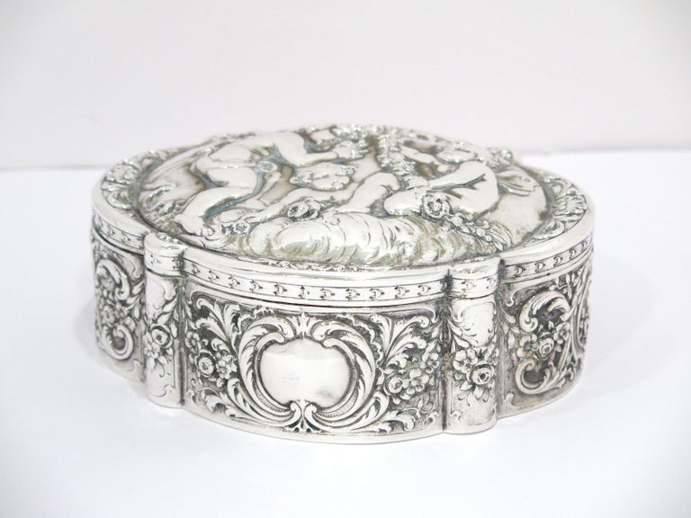 European Silver Antique German Hanau Three Cherubs Floral Box For Sale ...