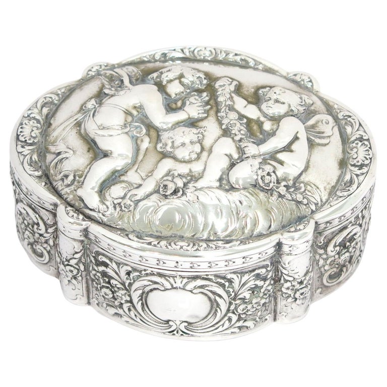 European Silver Antique German Hanau Three Cherubs Floral Box For Sale ...