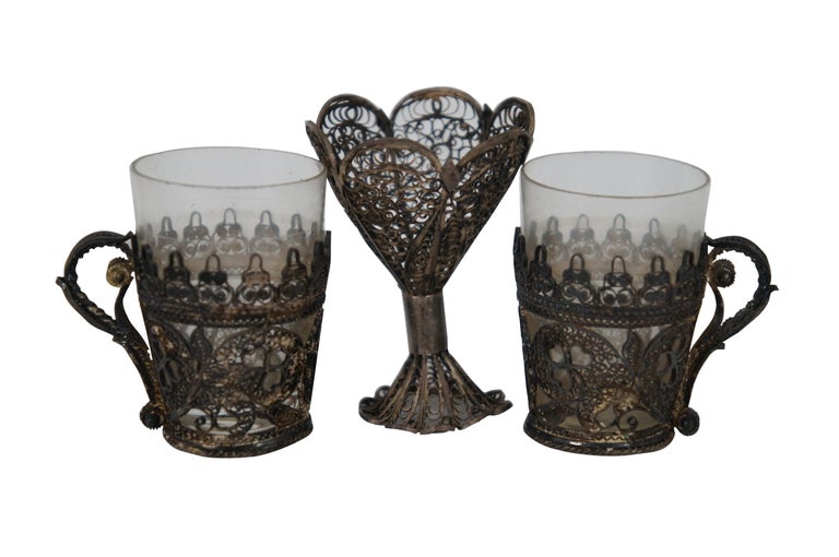 6 Antique Filigree Shot Glass Cordial Cup Ornate Overlay Clover ...