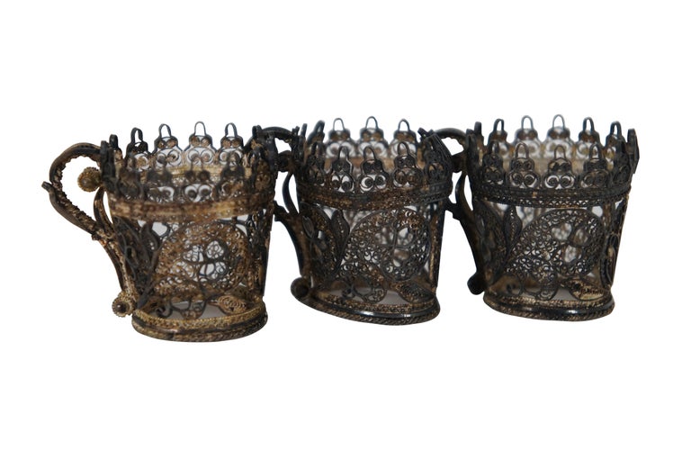 6 Antique Filigree Shot Glass Cordial Cup Ornate Overlay Clover ...