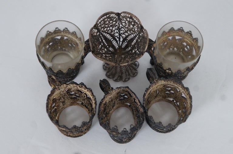 6 Antique Filigree Shot Glass Cordial Cup Ornate Overlay Clover ...