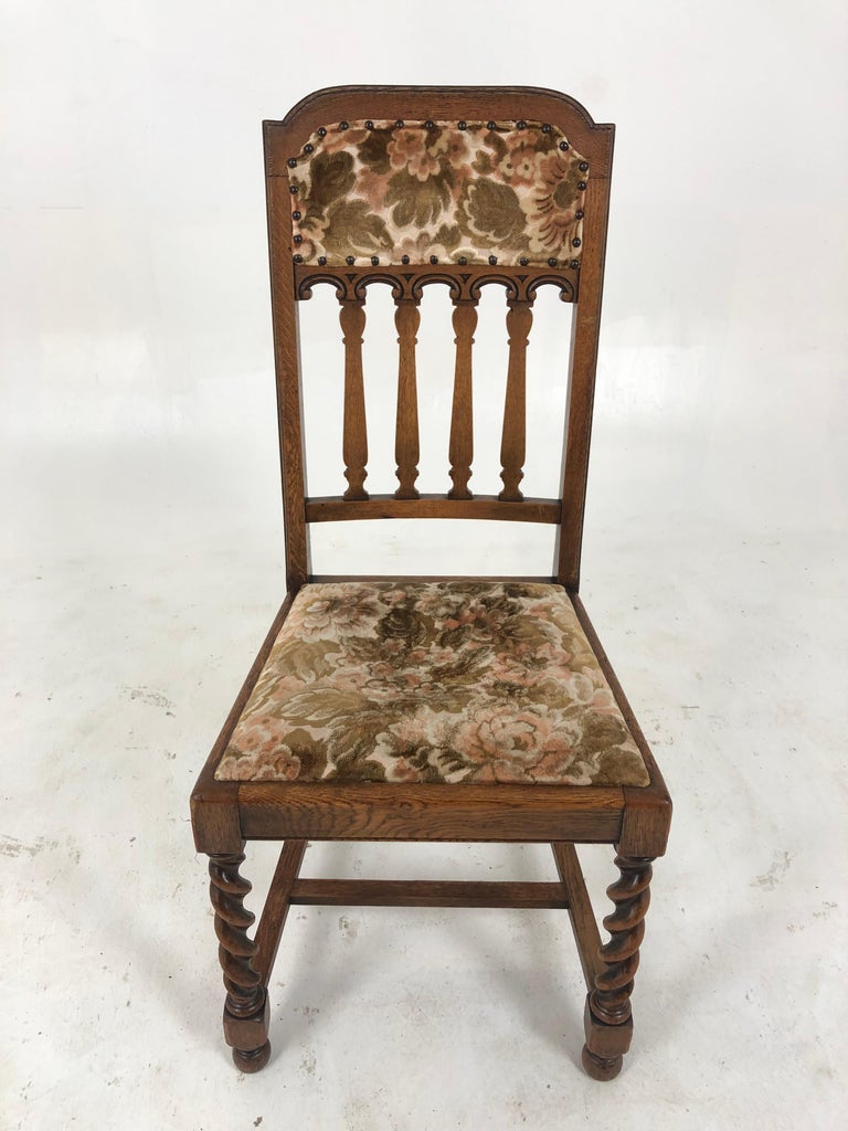 6 Antique Oak Upholstered Barley Twist Dining Chairs, Scotland 1920 ...