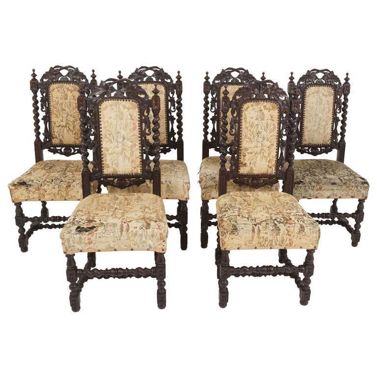 6 Antique Victorian Chairs, Carved Oak, Gothic Revival, Scotland 1880 ...