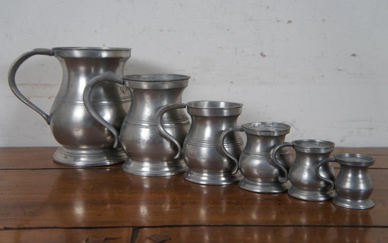 6 Antique Victorian Graduated Pewter Measures Cups Mugs Tankards For ...