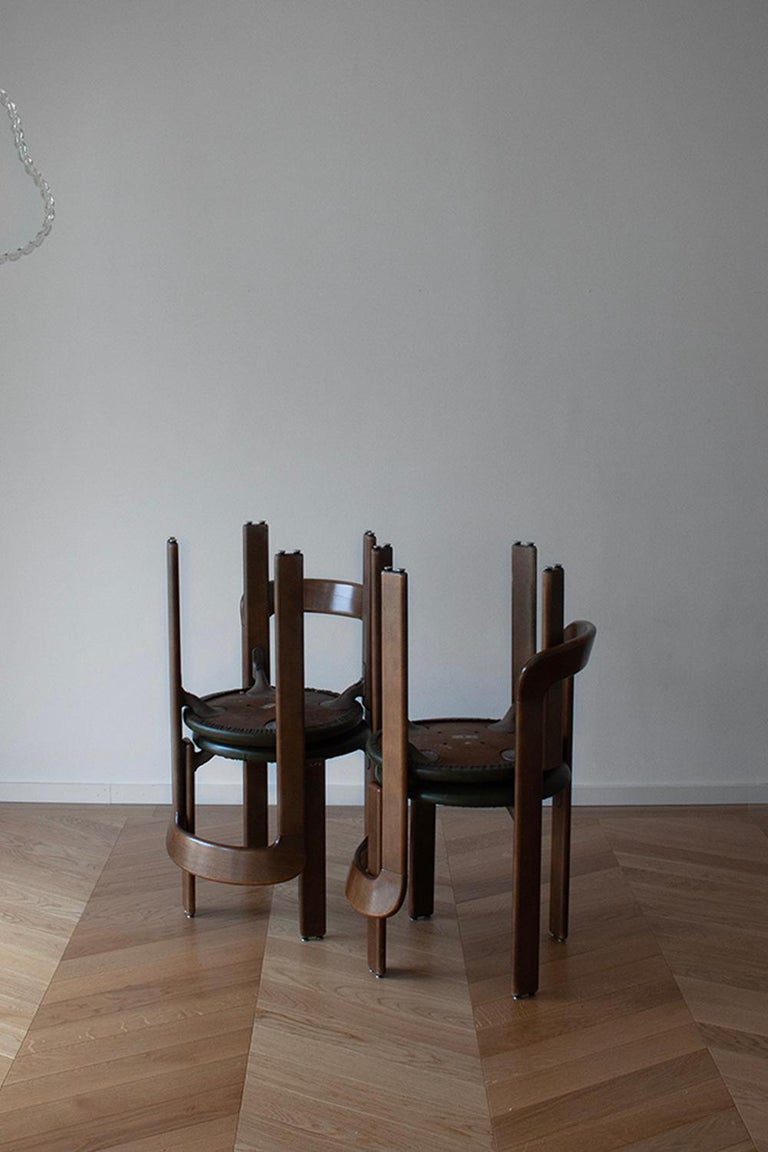 4 Bruno Rey Dining Chairs in Dark Wood with Green Leather Seat by ...