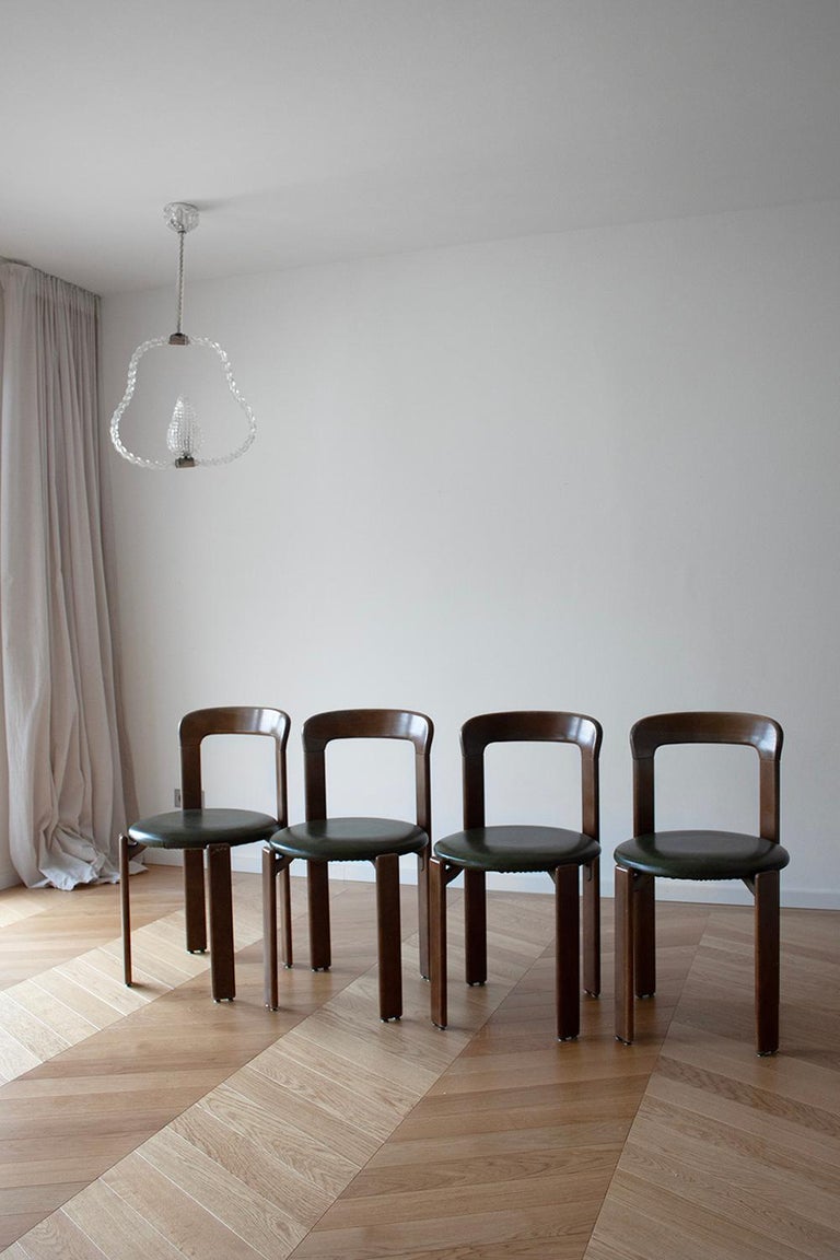 4 Bruno Rey Dining Chairs in Dark Wood with Green Leather Seat by ...