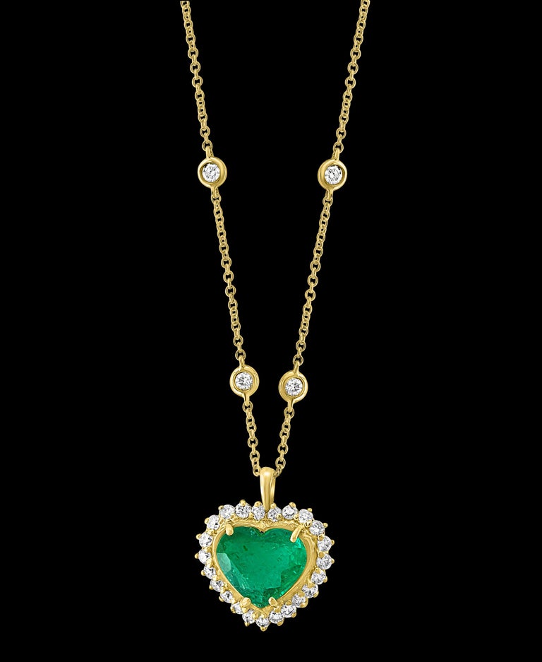 6+ Carat Heart Shape Colombian Emerald and Diamond Pendant Necklace DBY ...